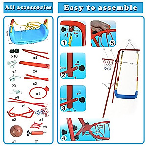 COLOR TREE Kids Swing Sets for Backyard - 2 in 1 Metal Swing Set + Basketball Hoop - Toddlers Swing Seat Playset for Outside and Inside - Boys Girls