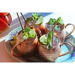 Moscow Mule Copper Mugs Set - 4 Authentic Handcrafted Copper Mugs (16 oz.) with 2 oz. Shot Glass, 4 Straws, 4 Solid Wood Coasters and Recipe Book - Gift Box Included