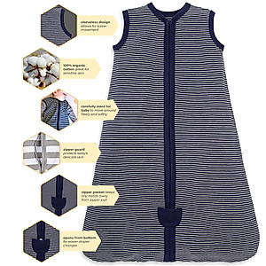 Burt's Bees Baby Baby Beekeeper Wearable Blanket, 100% Organic Cotton, Swaddle Transition Sleeping Bag, Midnight Stripe, Medium