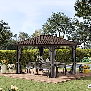 TBGFPO 10' X 12' Outdoor Hardtop Gazebo with Aluminum Frame, Metal Roof Gazebo Canopy with Curtains and Netting