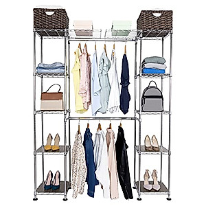 Seville Classics Closet Garment Organizer with Metal Hanging Rod Wardrobe Storage System w/Steel Shelves for Clothes, Shirts, Jackets, Coats, Blankets, Shoes, 58" to 83" W x 14" D x 72"