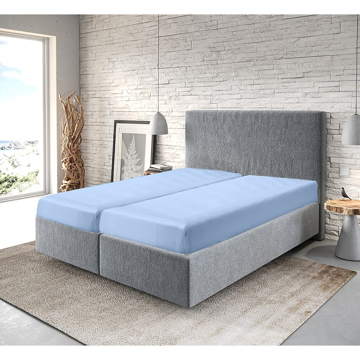 Split King Sheets Sets for Adjustable Bed, Soft 100% Egyptian Cotton 400-Thread-Count, Sateen Weave, 5PC Set with 2 Fitted Sheets, Split-King Sheet Set 25-Inch Deep Pockets, 400-TC - Light Blue Solid