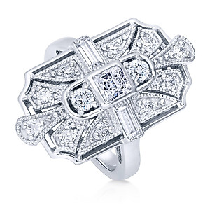 BERRICLE Sterling Silver Art Deco Cubic Zirconia CZ Statement Milgrain Cocktail Fashion Ring for Women, Rhodium Plated Size 9