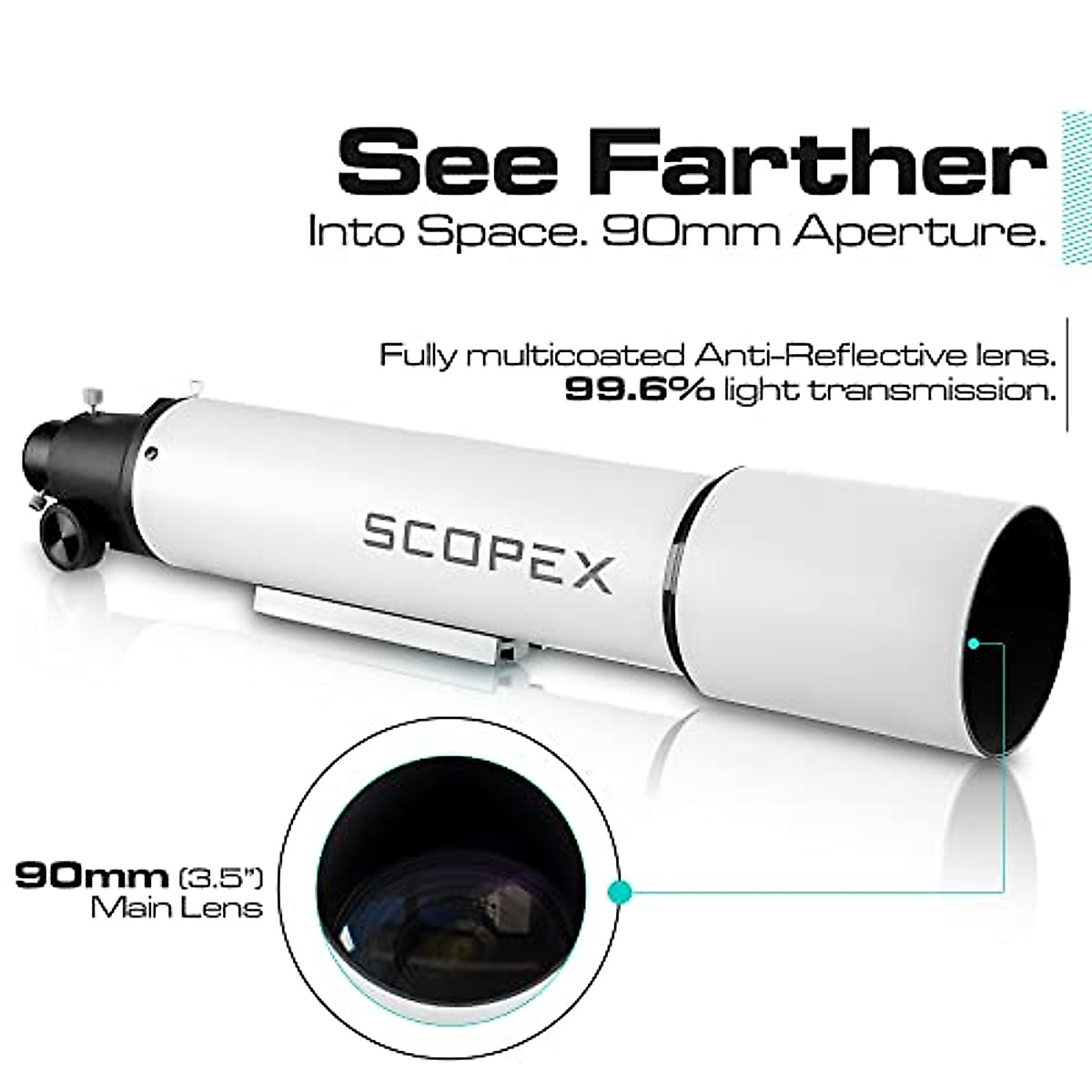 SCOPEX Telescope 90mm Aperture, Telescopes for Adults Astronomy Professional, AZ Astronomical Refractor, Telescope for Kids 8-12 Plus, Phone Adapter, Two Finderscopes, Bluetooth Remote, Case. White