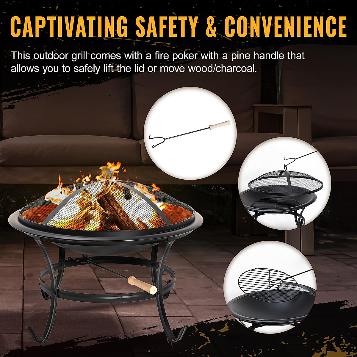 LEMY 22 Inch Outdoor Firepit Wood Burning BBQ Grill Steel Firepit Bowl for Patio Backyard Garden Camping Picnic Bonfire w/Spark Screen Cover, Log Grate, Fire Poker