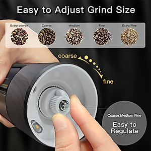 Electric Salt and Pepper Grinder Set - Rechargeable USB Cable, LED Lights, Automatic Pepper and Salt Mill Grinder Set Refillable, Adjustable Coarseness, One Hand Operation (Black Brown 2 Pack)