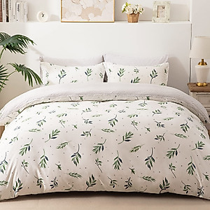 ACCOTIA Green Leaves Duvet Cover Set Queen Size, Botanical Bedding Set 3 Pieces, Ultra Soft Brushed Duver Cover with 2 Pillowcase for All Season (Cream White, Queen)
