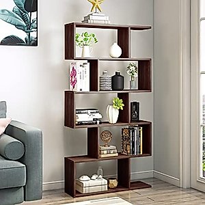 TinyTimes 5-Tier Wooden Bookcase, S-Shape Display Shelf and Room Divider, Freestanding Decorative Storage Shelving, 63'' Tall Bookshelf -Walnut