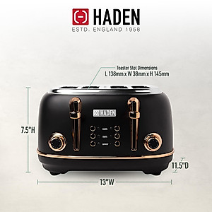 Haden Heritage 4 Slice Wide Slot Stainless Steel Toaster with Adjustable Browning Control & Non-Slip Feet, Black & Copper
