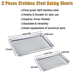 TeamFar Baking Sheet Cookie Sheet Set of 2, Pure Stainless Steel Baking Pan Tray Professional, Non Toxic & Healthy, Mirror Finish & Rust Free, Easy Clean & Dishwasher Safe