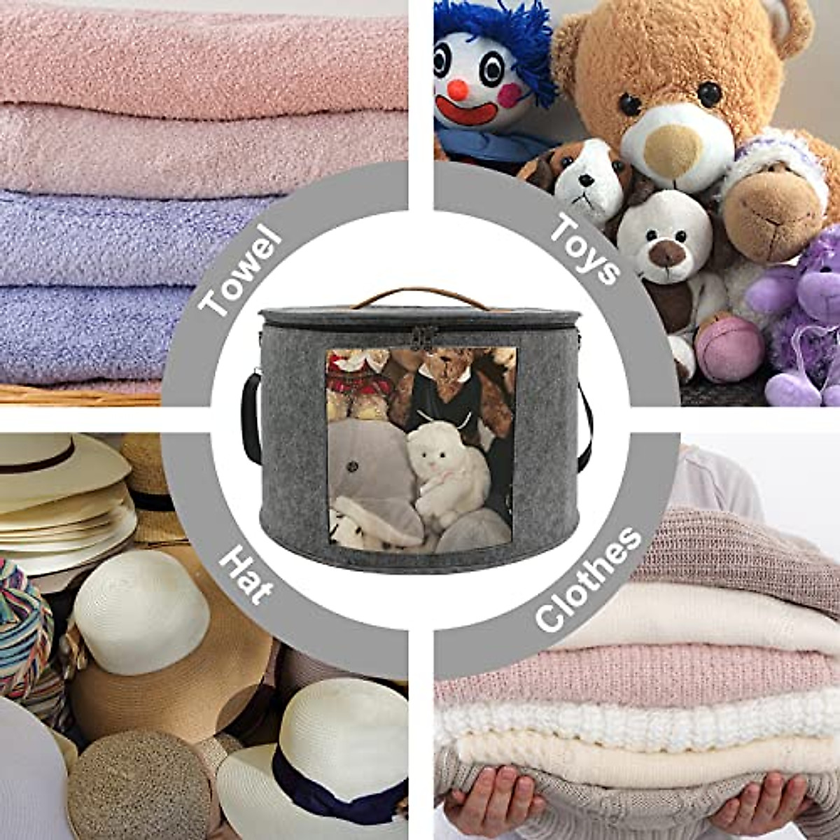 Large Hat Storage Box with Lids, Foldable Felt Round Hat Storage Box with Handle Travel Case Clothes Storage Bin for Women&Men, Cowboy Hat Organizer Stuffed Animal Toy Clothes, Grey 17.7" x 11.8"