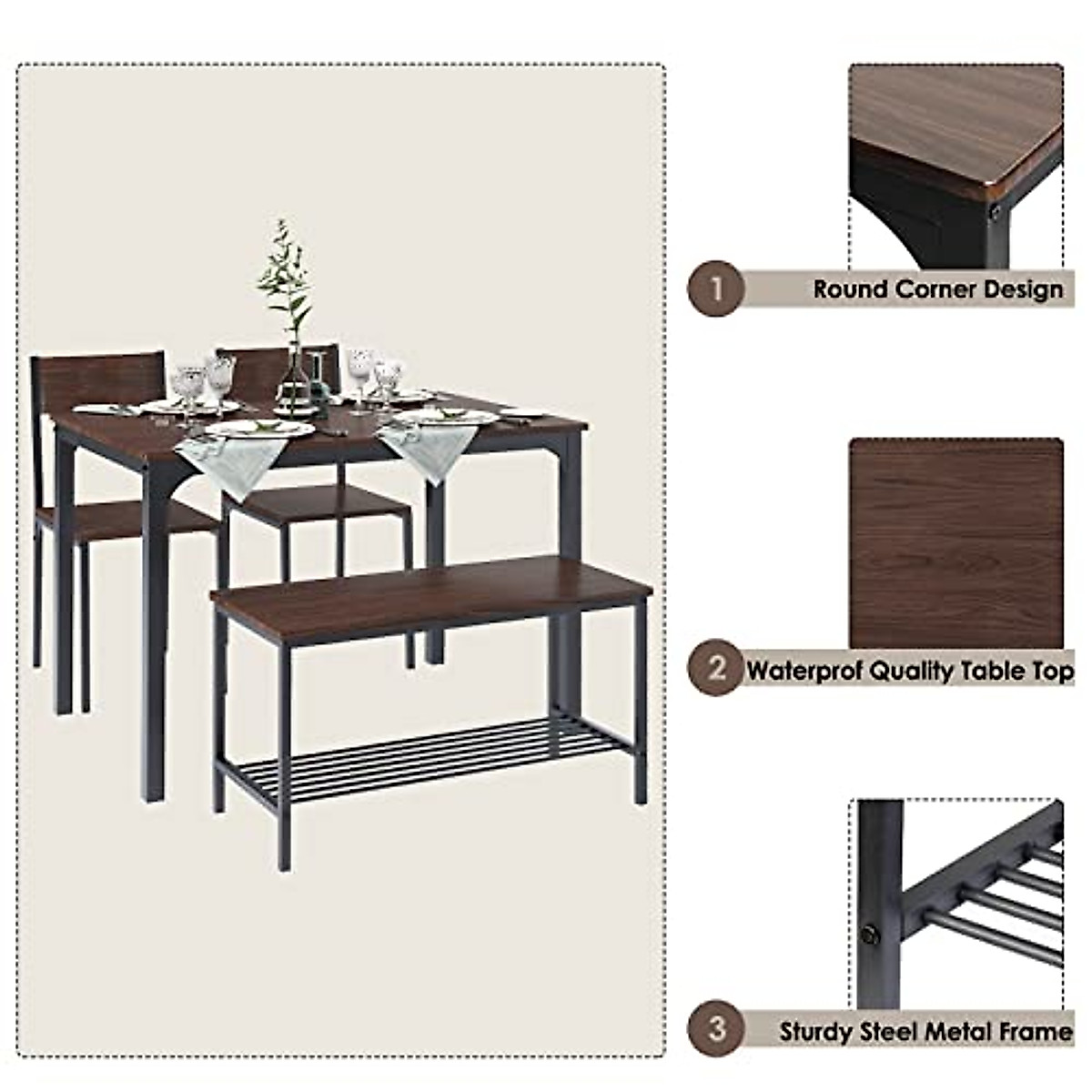 SogesHome 4-Piece Kitchen Table and 2 Chairs for 4 with Bench, Dining Table Set for Small Space, Apartment, Living-Room, Restaurant, Dark Walnut