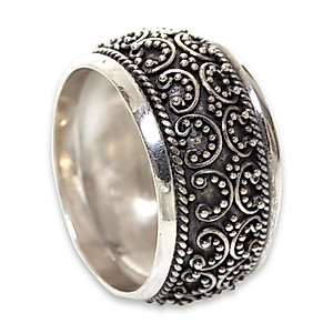 NOVICA Artisan Handmade Sterling Silver Band Ring Balinese Style Jewelry No Stone Indonesia Cultural [band Width 10 mm W] ' Celuk Garland'
