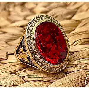 HKN1682 Designs Ruby Red Cubic Zirconia 14k Gold Plated Bishop Cross and Midre Ring Size 13