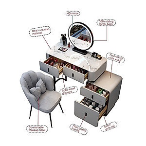 Makeup vanity with Stool, Dressing Table Large Capacity Drawer, Rock Slab desktop Vanity table 3-Color Adjustable Touch Light, modern vanity desk mirror 360° swivelling ( Color : Grey+black , Size : 8