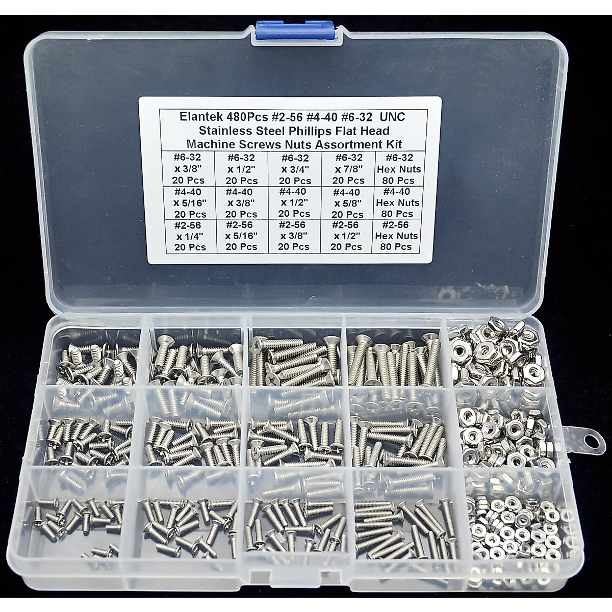 Elantek #2-56#4-40#6-32 UNC Stainless Steel Phillips Flat Head Countersunk Machine Screws Nuts Assortment Kit