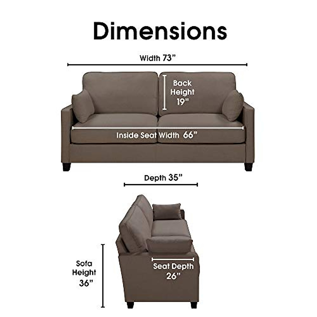 Serta Nina Modern Fabric Upholstery Sofa Collection Padded Shelter Arms, Solid Wood Legs, Couch for Living Room, Track, Ash Gray