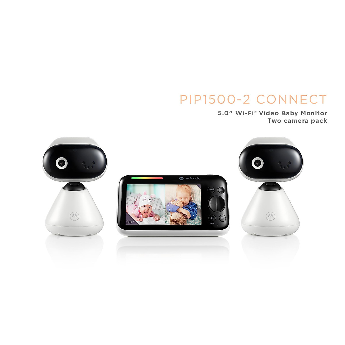 Motorola Video Baby Monitor PIP1500-5" Screen, WiFi, 2 Cameras - Wall Mount, Smart Phone Nursery App, 1000ft Range, Two-Way Audio, Split-Screen, Digital Pan-Tilt-Zoom, Room Temp, Lullabies