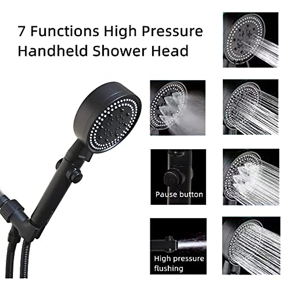 Perfectyihui 7 Functions High Pressure Handheld Shower Head with Extra Long 6.5 ft Flexible and Sturdy Stainless Steel Hose and Adjustable Brass Swivel Ball Joint Bracket (matte black)