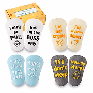 InnoBeta Baby Socks Set with Funny Quotes (4 Pairs) Newborn/Infant Socks for Baby Shower, Gender Reveal 3-12 Months, Gender Neutral