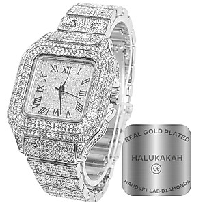 Halukakah Men's Watch - The King - Platinum Plated, 40MM Square Dial, Iced Out Wristband, Comes in Giftbox,Gift for Men Son Husband