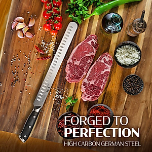 Vos 12'' Carving & Brisket Knife - Razor Sharp German Steel Butcher & Slicing Knife with Ergonomic Handle - Perfect for Meat, Bread, Cheese - Gift Box Included - BBQ & Kitchen Essential