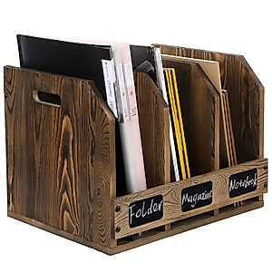 MyGift Rustic Burnt Brown Wood Office Desktop Document File Folder Binder Storage Organizer Rack with 3 Compartments and Chalkboard Labels