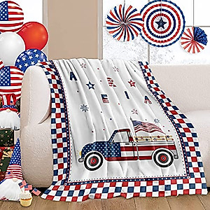 4th of July Throw Blanket, America Flag Farm Truck Fuzzy Soft Plush Independence Day Flannel Blankets Cozy Warm Fleece Bed Throws for Women/Men/Kids/Teens Blue Red White Buffalo Plaid 50x60In