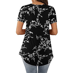 BISHUIGE Women's Casual Loose Short Sleeves Tunic Tops Lace Panel Pleated T-shirts Blouses with Leggings, M, Carved White - Black