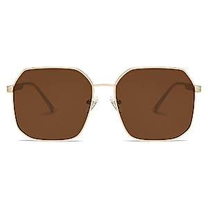 SOJOS Retro Square Polarized Sunglasses for Women Vintage Square Shades UV400 Large Metal Frame SJ1166 with Gold/Brown Lens