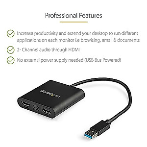 StarTech.com USB 3.0 to Dual HDMI Adapter - 1x 4K 30Hz & 1x 1080p - External Video & Graphics Card - USB Type-A to HDMI Dual Monitor Display Adapter - Supports Windows Only - Black (USB32HD2)