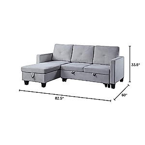 Lilola Home Nova 82.5" W Light Gray Velvet Reversible Sleeper Sectional Sofa with Storage Chaise