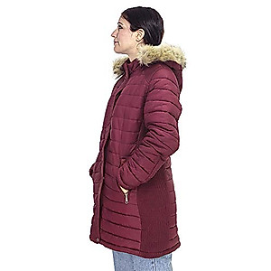 Facitisu Womens Winter Warm Jacket Long Down Faux Fur Hooded Quilted Sherpa Lined Coat (Wine, L)