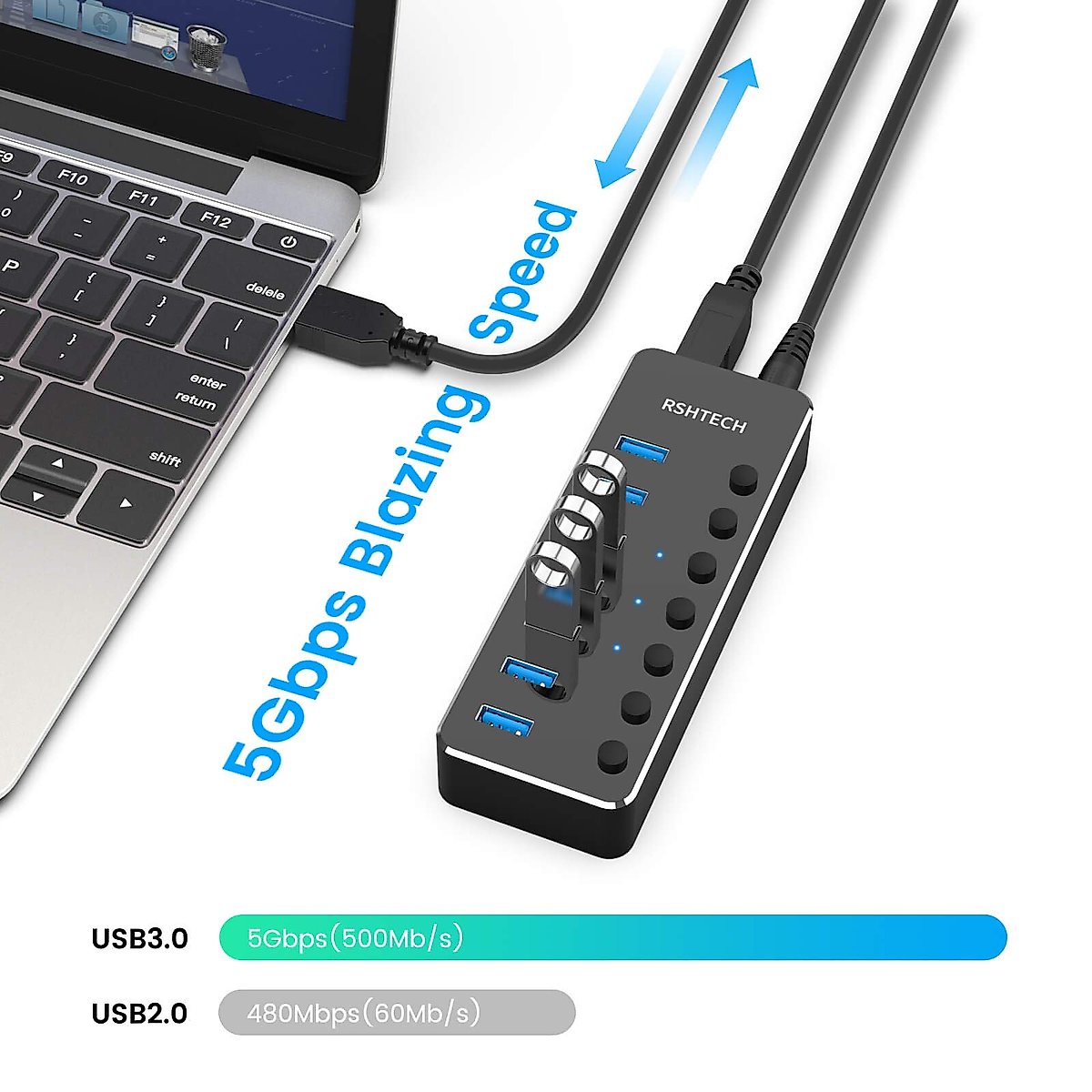 RSHTECH 7 Port Powered USB 3.0 Hub with AC Adapter + 7 in 1 USB C Hub with 8K HDMI Port, 3 10Gbps USB 3.2 Data Ports, 100W PD and SD/TF Card Reader