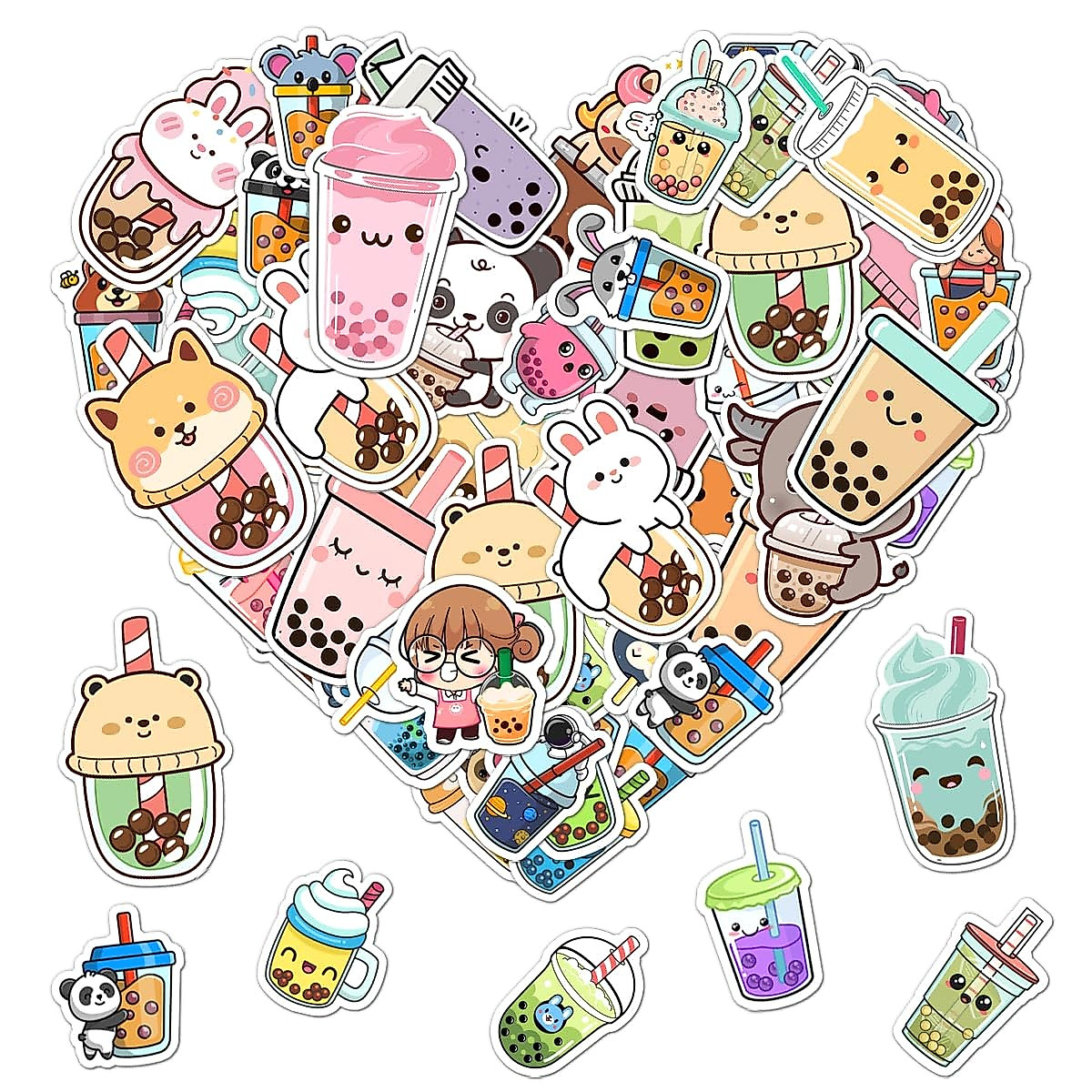 50 Pack Pcs Boba Bubble Tea Stickers for Water Bottles Waterproof Vinyl Laptop Luggage Helmet Cups Funny Cute Random Sticker Packs Teens Girls Adults Boys Aesthetic Small Decals