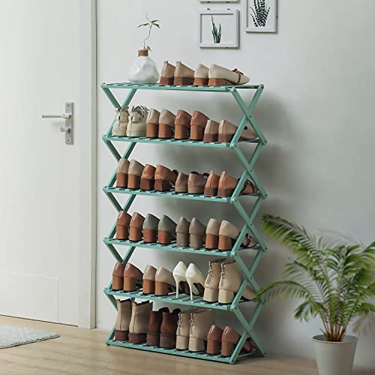 MoNiBloom Folding Shoe Rack for Entryway, Bamboo 6 Tier Stackable Installation-Free Shoe Storage Cabinet for 21-25 Pairs For Boots Heels Sandals Slippers, Green