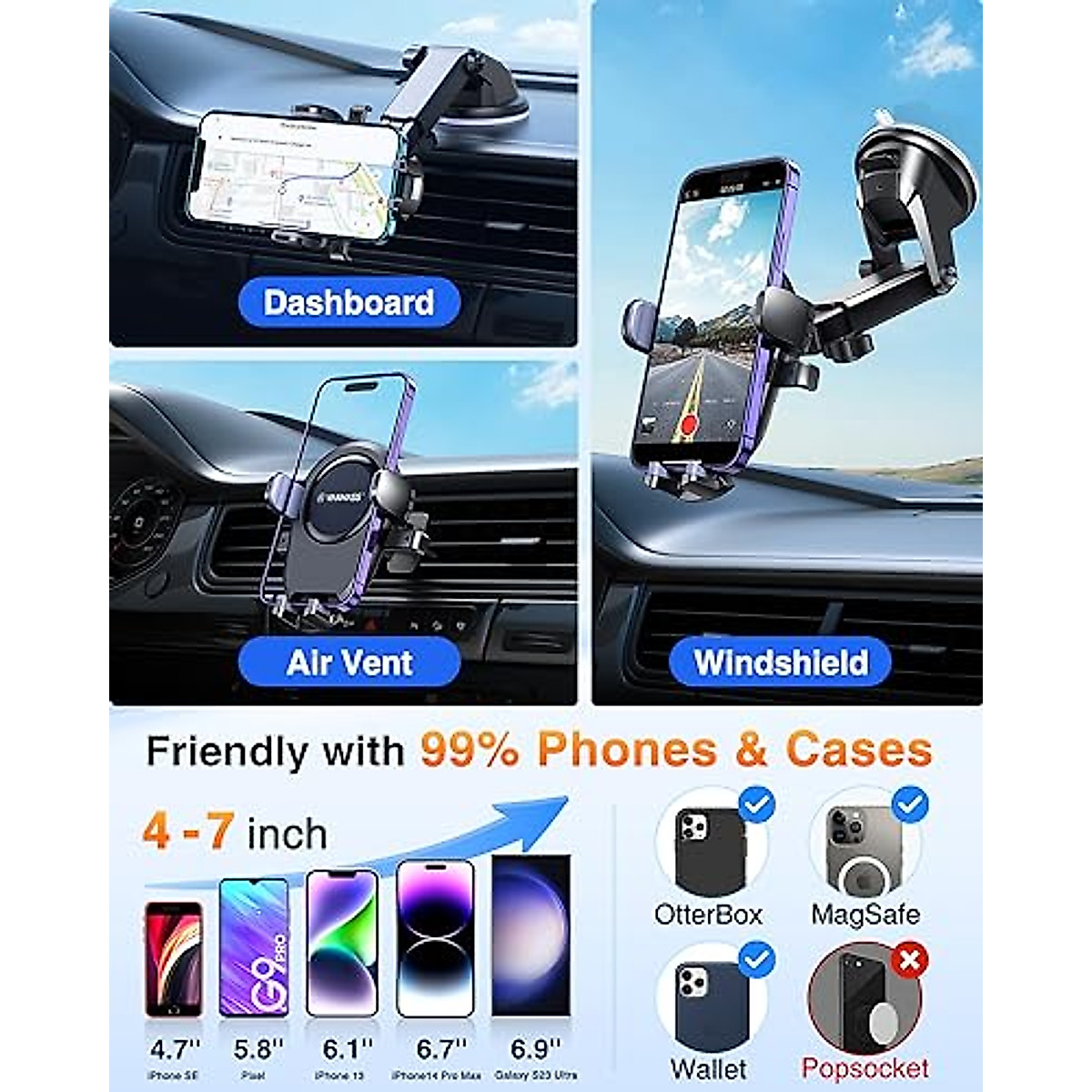 VANMASS 2024 Upgraded Car Phone Holder Mount [Strongest Suction & Military-Grade] Universal Cell Phone Holder Stand for Truck Dash Windshield Vent Cradles for iPhone Android All Smartphones