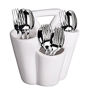 Farmhouse Decor 4 Section Ceramic Silverware Holder - Flatware and Cutlery Caddy - Kitchen Table Organizer (White)