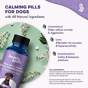 Peaceful Paws Dog Aggression & Noise Phobia Relief - Anxiety Relief for Dogs, Dog Calming Remedy for Biting, Barking, Chasing, Attacking, and Other Dog Behavior Issues - 400 Non-Drowsy, Small Pills