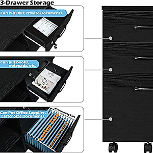 Wood File Cabinet, 3 Drawer Mobile Lateral Filing Cabinet On Wheels, Printer Stand with Open Storage Shelves for Home Office(Black)