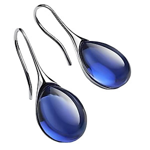 Silver Gold Plated Water Drop Style Crystal Stone Classic Plain Dangle Hoop Earrings (Silver Blue)