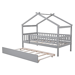 Twin House Bed with Trundle, Kids Twin Platform Bed Frame with Rails and Roof, Tent Bed, Wood Playhouse Bed Twin Montessori Bed for Kids Teens Girls & Boys, No Box Spring Needed (Gray)