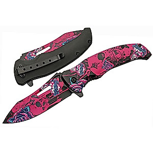 SZCO Supplies 8.5” Pink Rose Skull Liner Lock EDC Folding Knife With Pocket Clip