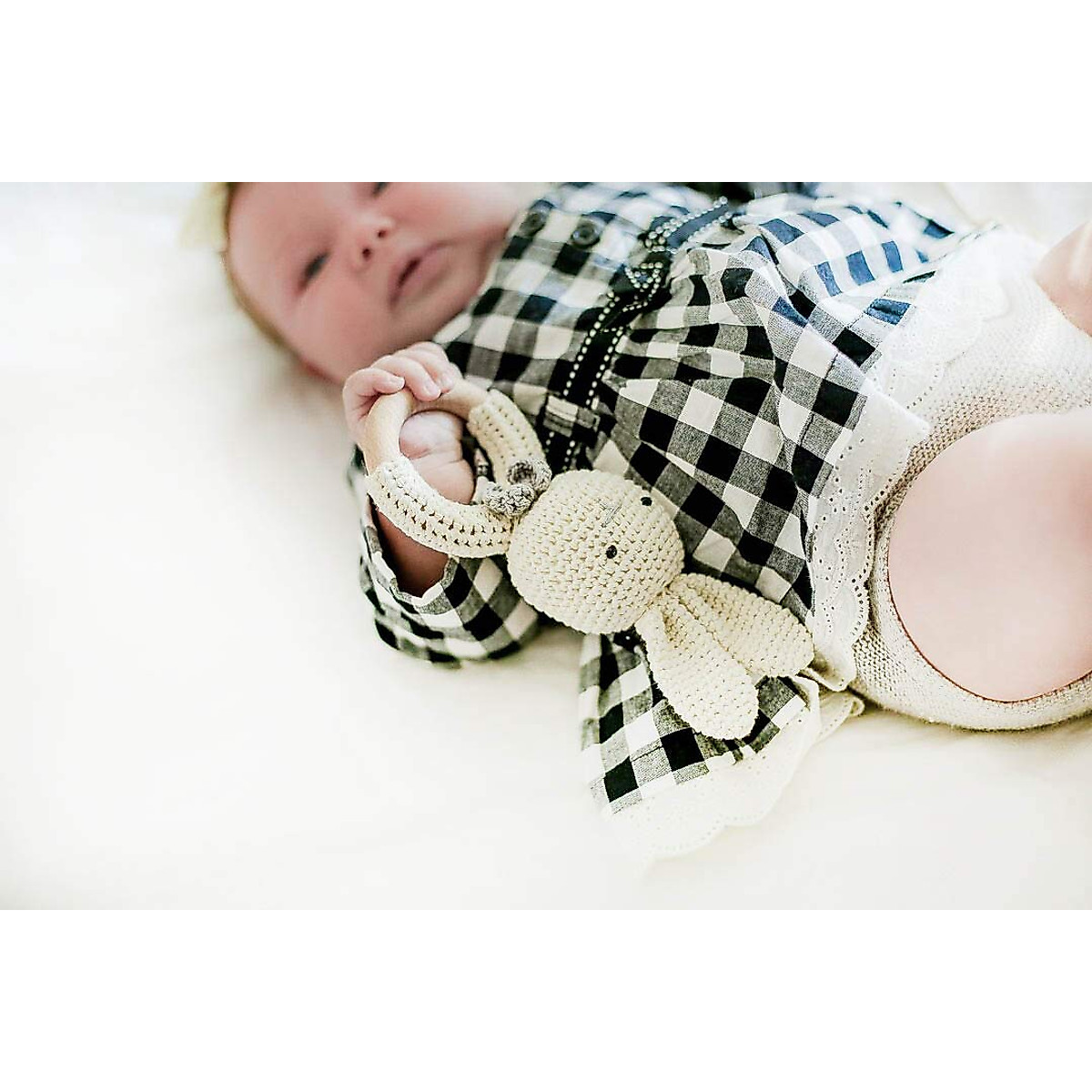 Natural Crochet Teether Toy Rattle for Baby Forest Friends Amigurumi Crochet Bunny Deer Fox on Natural Wooden Teething Ring Rattle (Honey Deer)