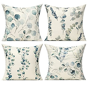 WOKANI Leaf Eucalyptus Throw Pillow Covers Outdoor 20x20 Set of 4 Sage Green Plants Spring Summer Patio Furniture Cushion Cases Decorative Home Decor for Bench Couch Sofa Porch