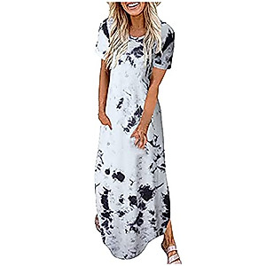Sdeycui Women Fashion O-Neck Gradient Printing Short Sleeve Casual Slit Long Dresses(Black, XXL)