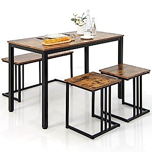 Giantex 4 Piece Dining Table Set, Kitchen Table and Chairs for 4, Nesting Furniture Set w/Bench & 2 Stools, Space-Saving Table Set, Modern Desk Set for Dining Room Restaurant