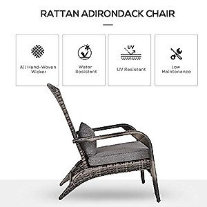 Outsunny Patio Wicker Adirondack Chair, Outdoor All-Weather Rattan Fire Pit Chairs w/Soft Cushions, Tall Curved Backrest, and Comfortable Armrest for Deck or Garden, Grey