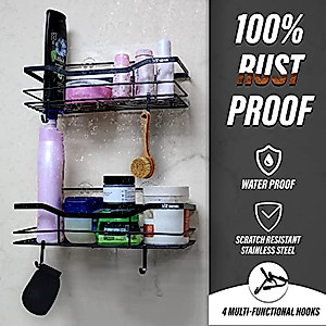 TRENDY PANDA Adhesive Shower Caddy with 4 Hooks Shower Organizer Rustproof and Stainless Steel Material, No Drilling Shower Shelf 2 Pack in Metal Black.