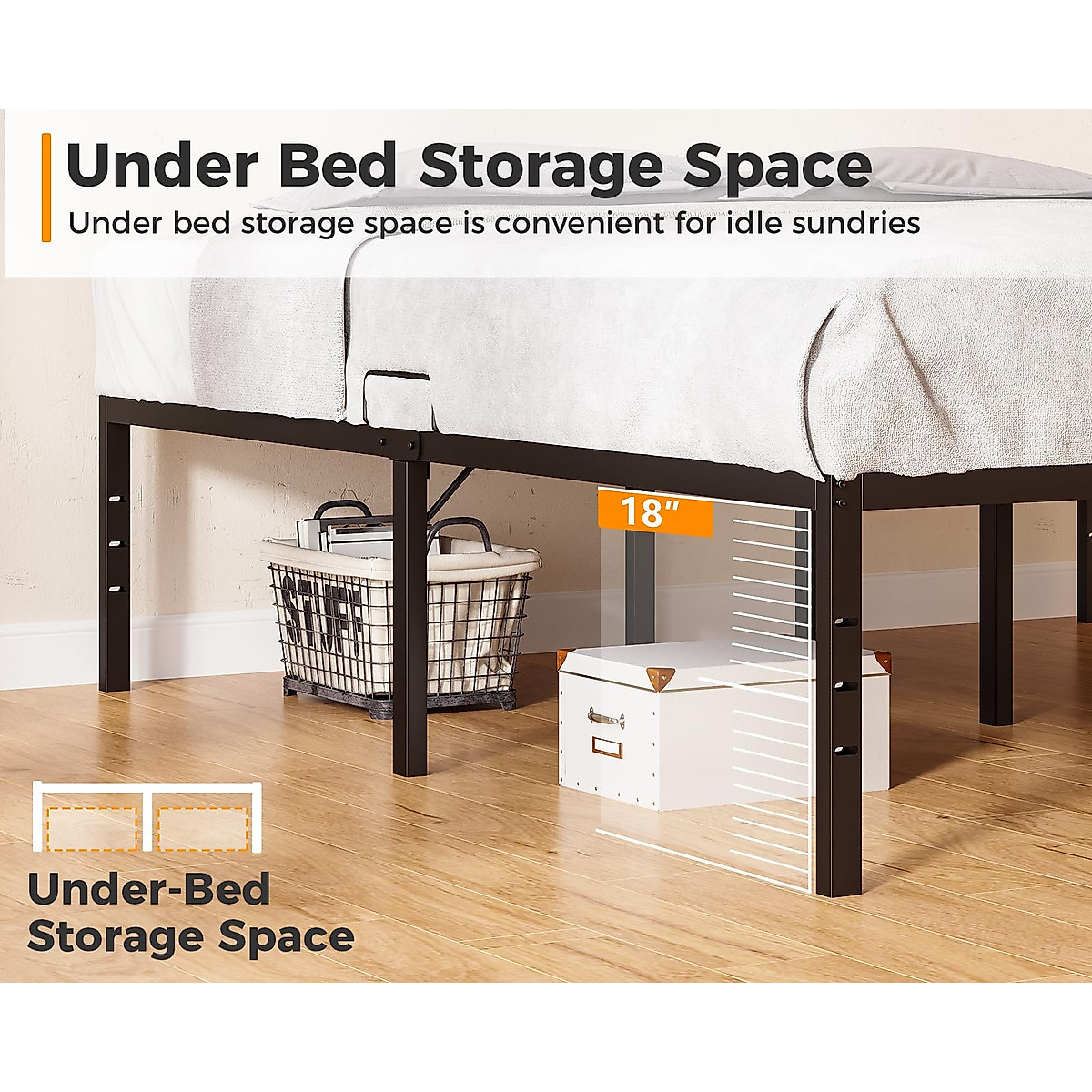 KKL King Size Bed Frame, 18 Inch Heavy Duty Steel Platform with Mattress Anti-Slip Rods, Bed Frame with Underneath Storage Space, No Box Spring Needed, Easy Assembly, Black